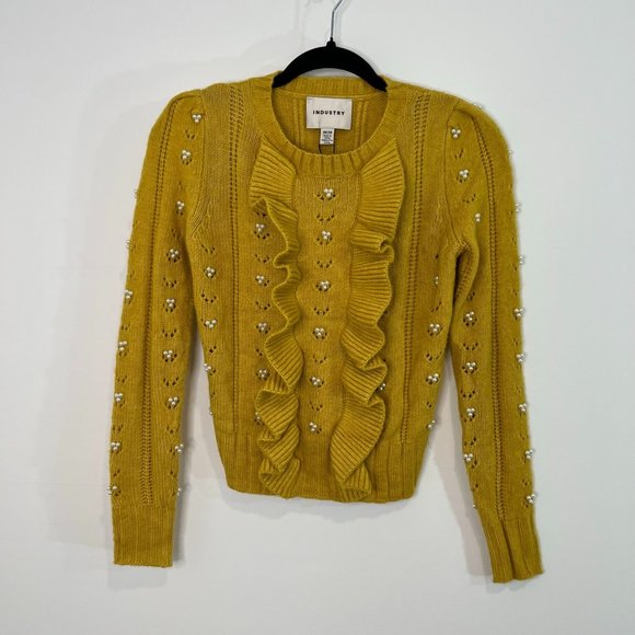 Industry | Sweaters | Wool Blend Yellow Pearl Beaded Ruffled Front ...